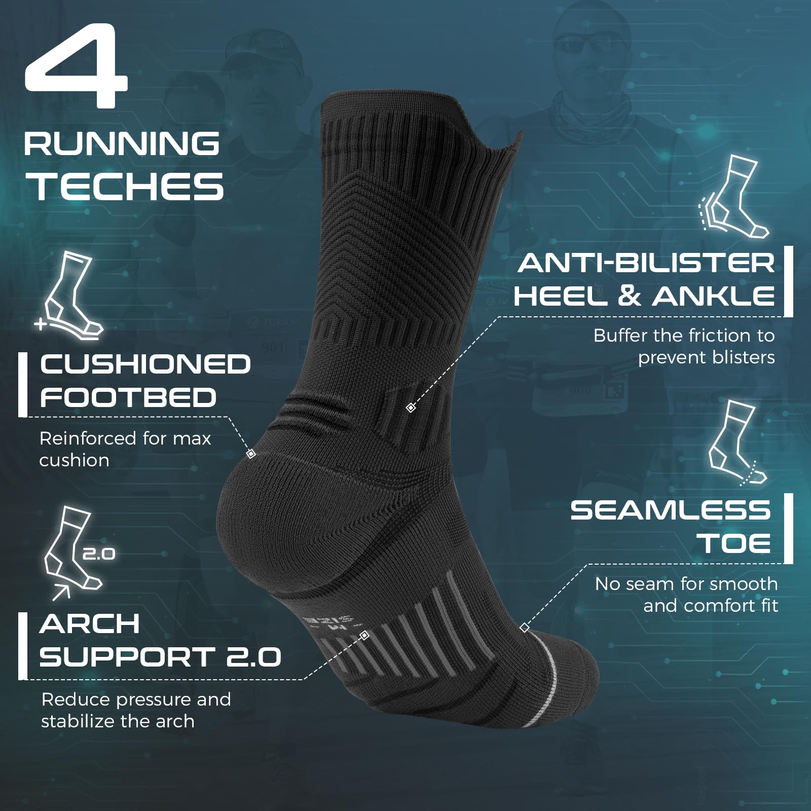 Coolmax Compression Running Socks 3 Pairs, Cushion Crew Socks, Anti-Blister Moisture Wicking Athletic Hiking Socks