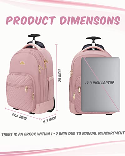 MATEIN Rolling Backpack for Women, 17 Inch Travel Laptop Backpacks with Wheels, Waterproof Large Carry On Business Luggage Roller Backpack, Trolley Suitcase Overnight College Work Computer Bag, Pink