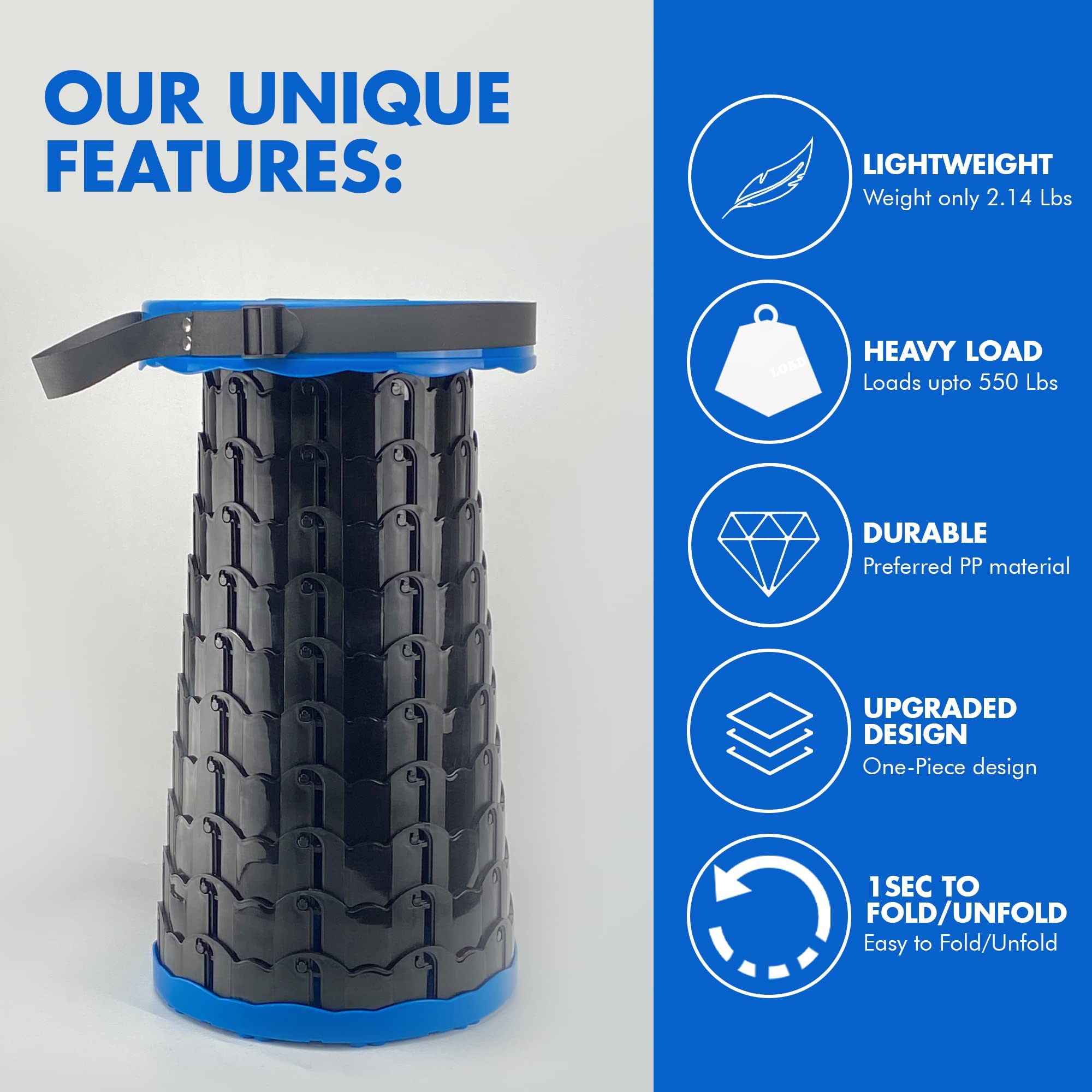 Daanphe Blue Upgraded Portable Folding Stool for Adults, Lightweight and Strudy Collapsible Stool, Retractable Telescoping seat with Adjustable Strap and Used for Camping, Fishing, Hunting, and BBQ.