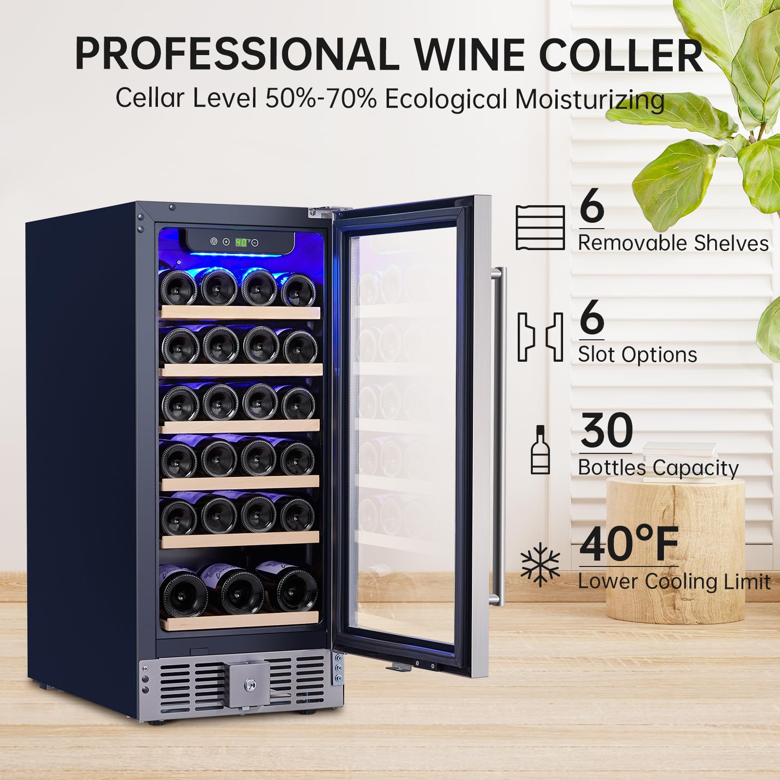 Takywep 30 Bottles Wine Fridge Under Counter, 15 Inch Wine Cooler with 40~60°F Digital Temperature Control, Safety Lock, All Wood Removable Shelves, Stainless Steel+Glass Door, Built-In Wine Cellars