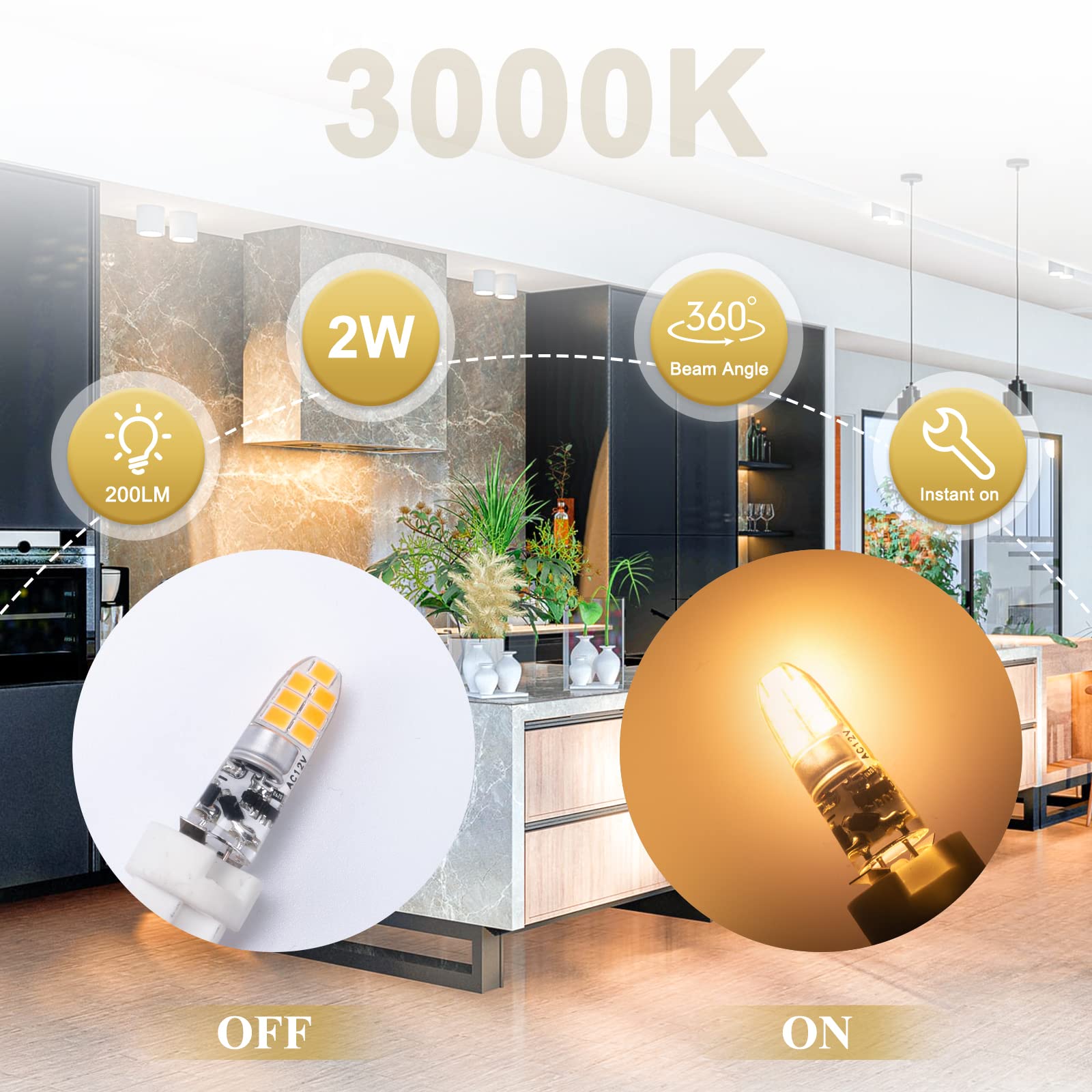 DiCUNO G4 LED Bulb 12V, JC Bi-Pin Base Light Bulbs 2W, Warm White 3000K, 20W T3 Halogen Replacement Bulb for Landscape Light, Under Cabinet Light, Chandelier, Non-dimmable, Pack of 10