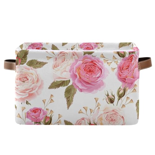 susiyo Large Foldable Storage Bin Floral Pink Roses Fabric Storage Baskets Collapsible Decorative Baskets Organizing Basket Bin with PU Handles for Shelves Home Closet Bedroom Living Room-1Pack