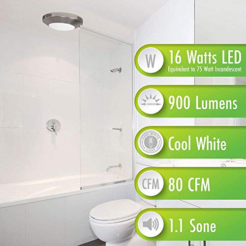 Homewerks 7117-01-BN Bathroom Integrated LED Light Ceiling Mount Exhaust Ventilation 1.1 Sones 80 CFM, Bath Fan Brushed Nickel