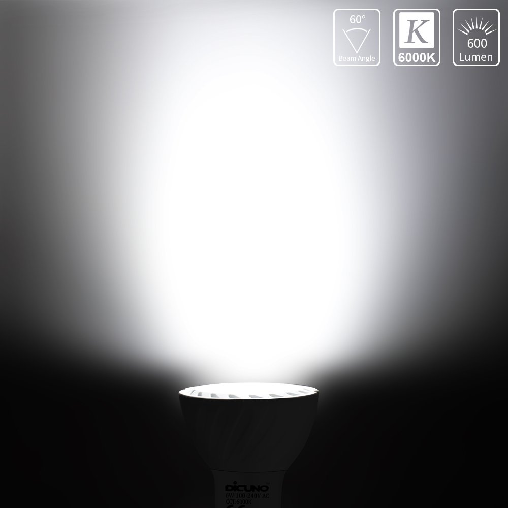 DiCUNO GU10 LED Light Bulb, 60W Halogen Bulbs Equivalent, 6W 600LM, 6000K Daylight White,100V-240V Non-dimmable GU10 Mr16 LED Bulbs, 10-Pack.