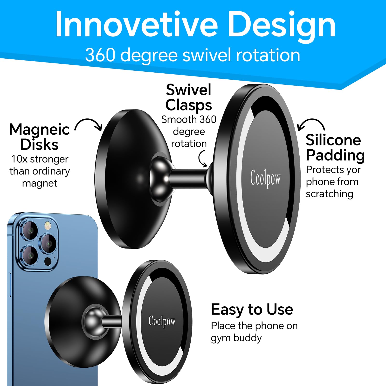 Coolpow Magnetic Phone Holder for Gym, Dual Magnetism for iPhone 14/13/12 Pro Max Series, Metal Ring for Other Android Phones, Strong Joints and Magnets for Unmatched Stability