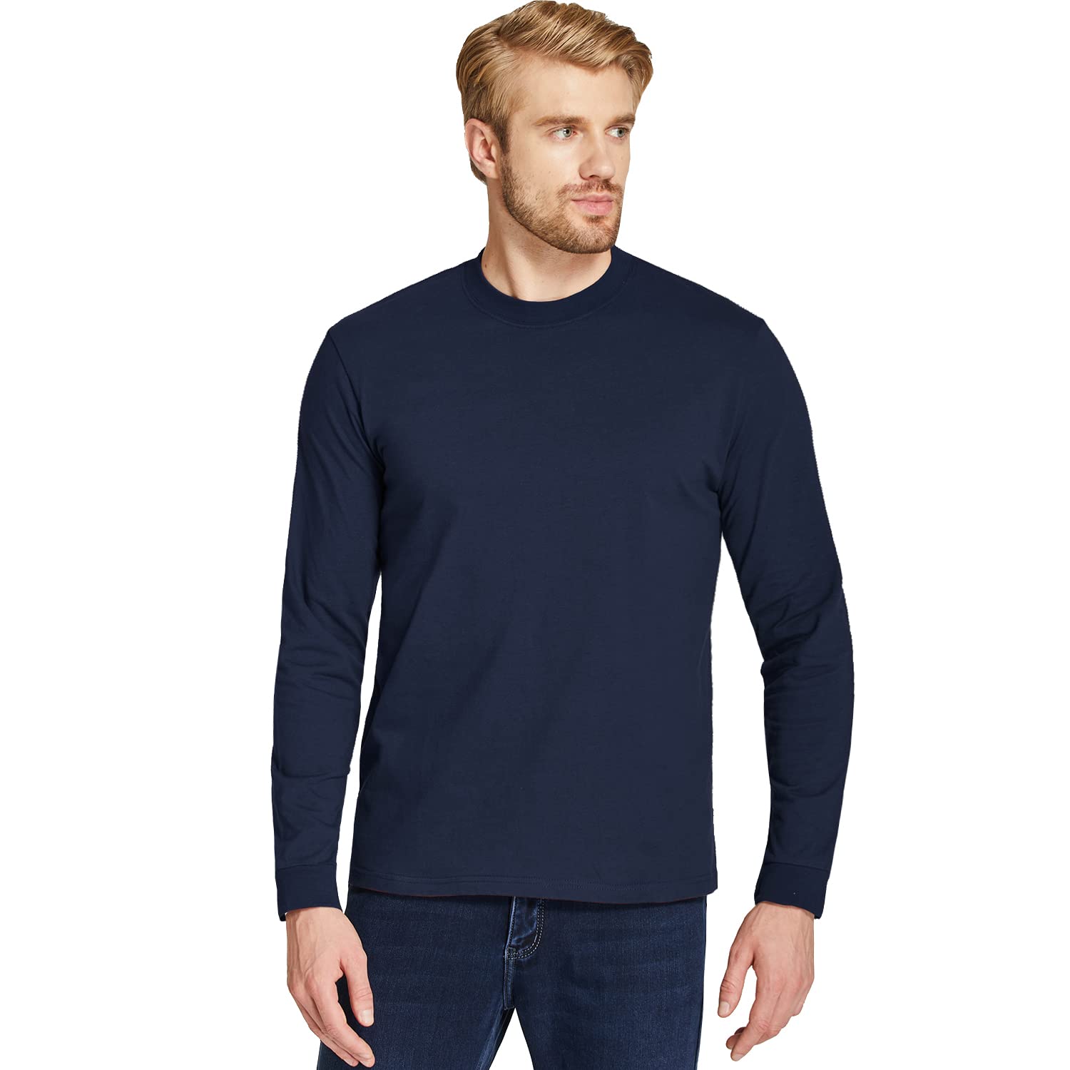 Deeriama Men's Mock Turtleneck Long Sleeve Shirts Cotton Workout T Shirts Casual Tops Golf Base Layer,Navy,Medium