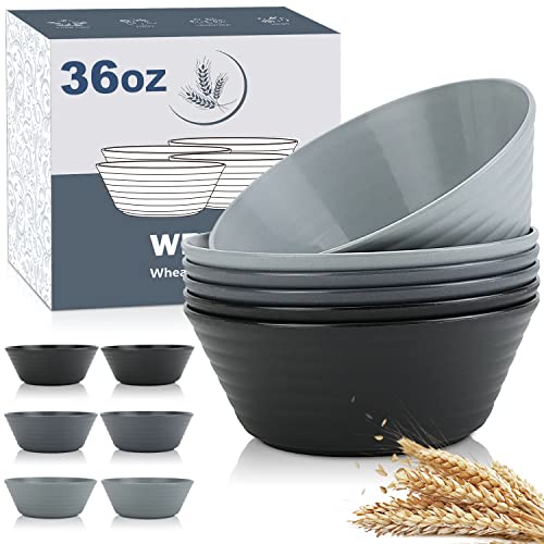 Wheat Straw Bowl Sets,6 PCS Unbreakable Cereal Bowl 36 OZ,Microwave and Dishwasher Safe Bowls,Soup Bowl Sets BPA Free Eco Friendly Bowl for Serving Soup,Oatmeal and Salad οΌBlack GreyοΌ