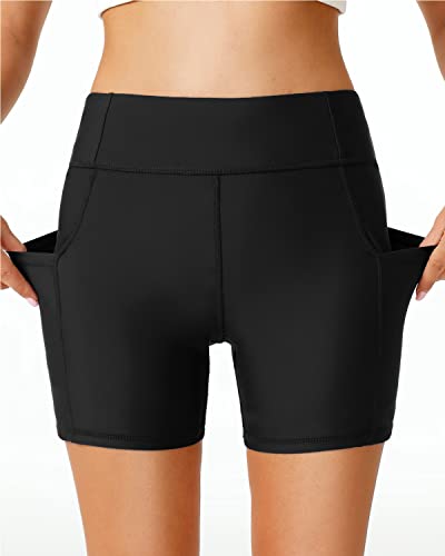 Yonique Women High Waisted Swim Shorts with Pockets Tummy Control Bathing Suit Bottoms Board Shorts Black S