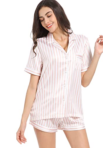 Serenedelicacy Women's Satin Pajama Set 2-Piece Sleepwear Loungewear Button Down Short Sleeve PJ Set (Medium, Light Pink/Ivory, Stripe)