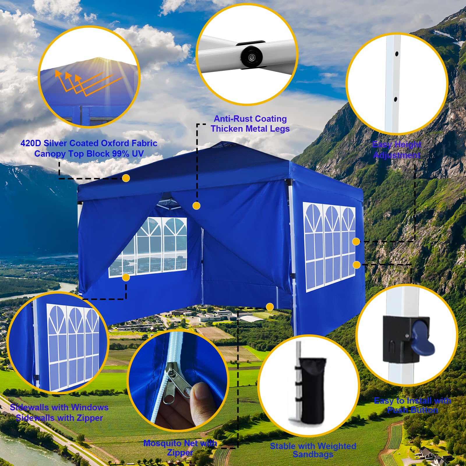 Cszemasey Pop Up Canopy 10x10 Canopy Tent with Netting for Outdoor, Pop Up Canopy with Sidewalls for Camping, Party, Height Adjustable Pop Up Tent with 4 Sandbags, Roller Bag, Blue