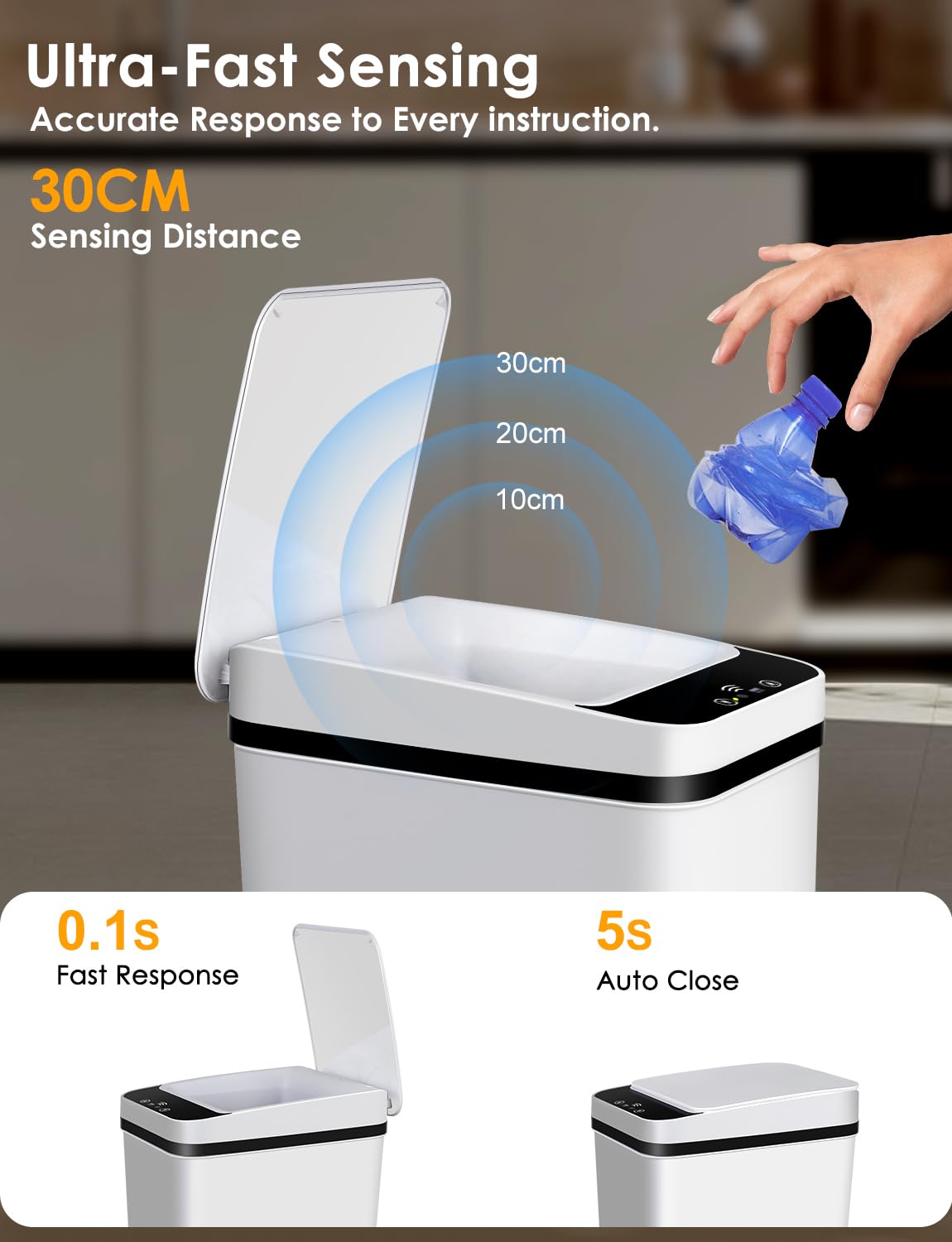Tameler Automatic Bathroom Trash Cans with Lids - Touchless Motion Sensor, 2.5 Gallon + 4 Gallon, White, Plastic