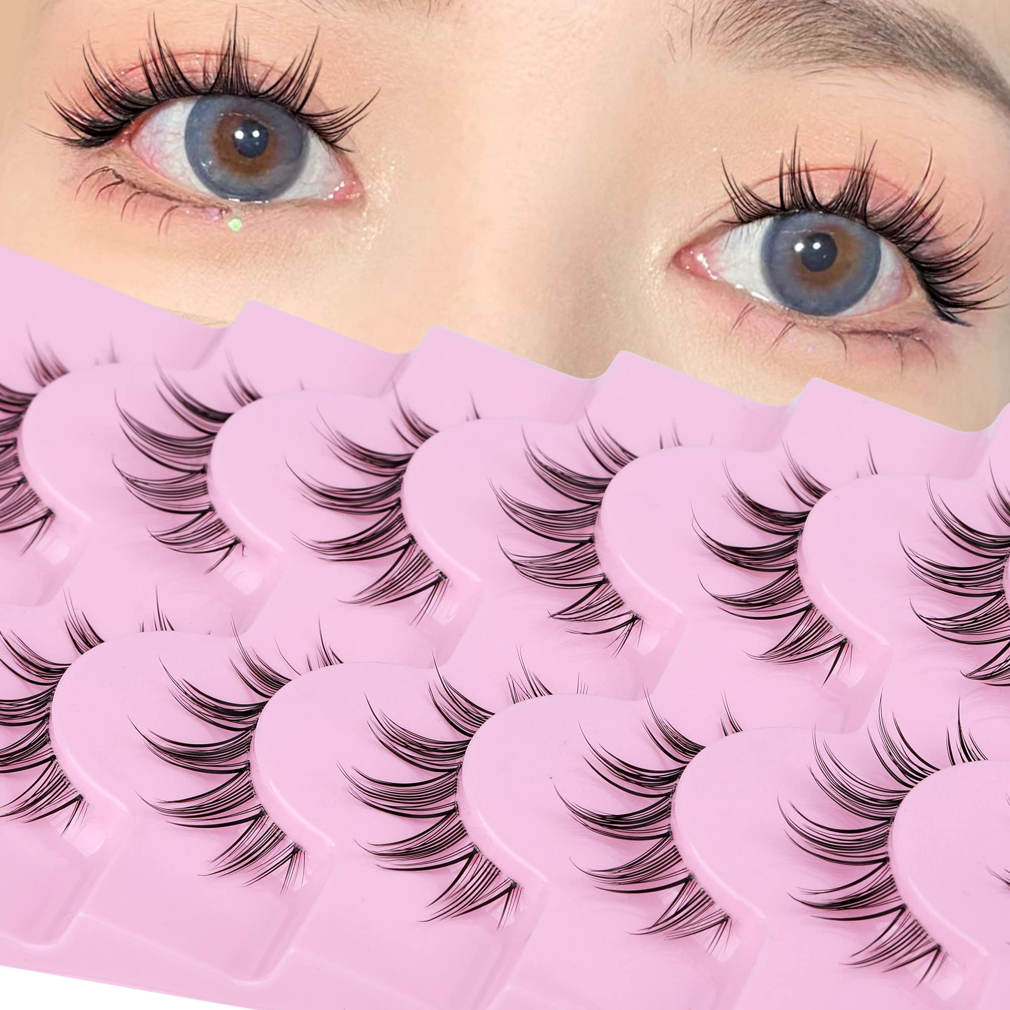 False Eyelashes Manga Lashes Natural Look Wispy Anime Lashes Mink Spiky Fake Eyelashes with Clear Band Strip Korean Eye Lashes Pack by GVEFETIEE