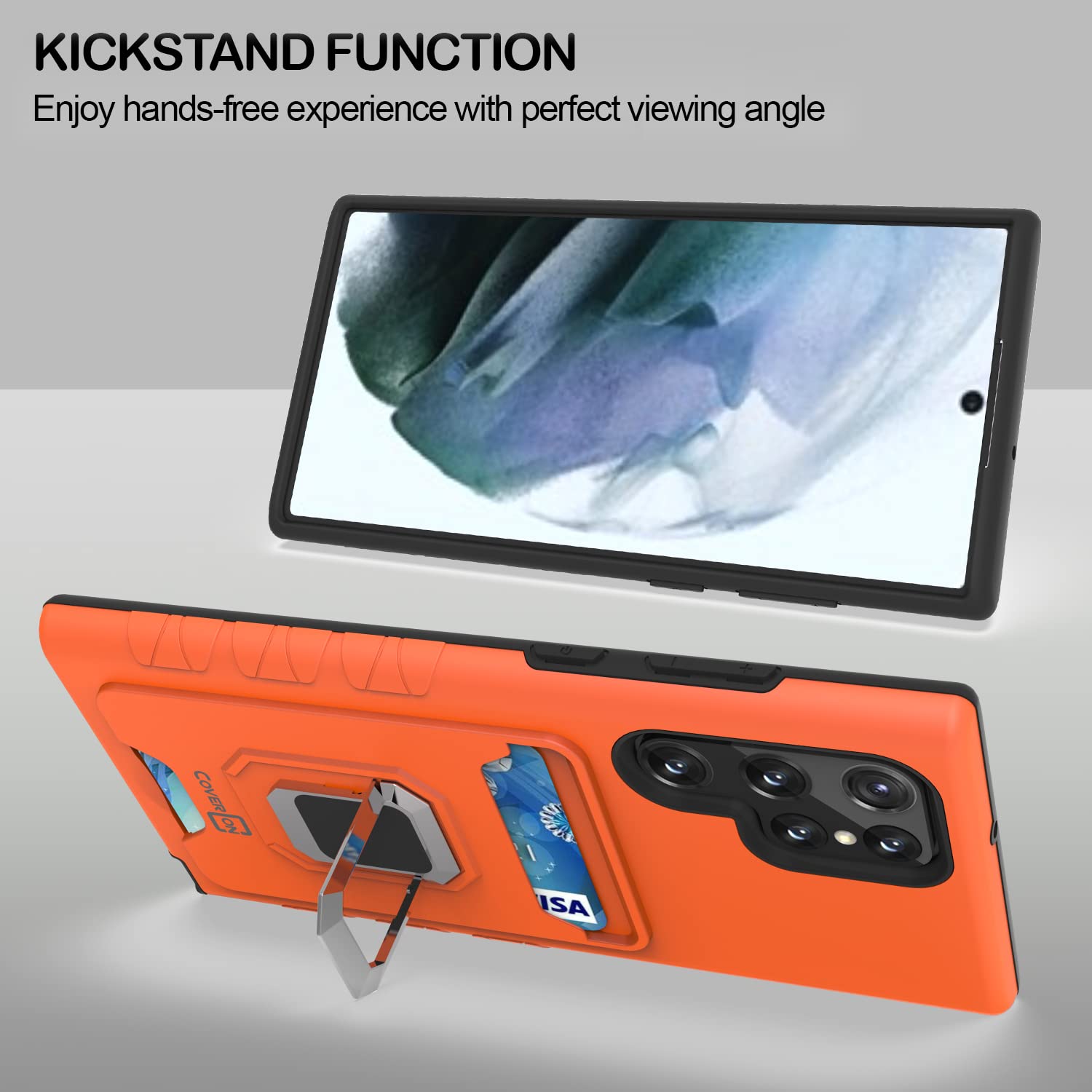 CoverON Designed for Samsung Galaxy S22 Ultra Case, Card Slot KickStand Ring Rugged Phone Cover - Orange