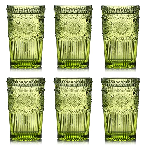 Kingrol 6 Pack 12 oz Vintage Drinking Glasses, Embossed Romantic Water Glassware, Glass Tumbler Set for Juice, Beverages, Beer, Cocktail (Green)