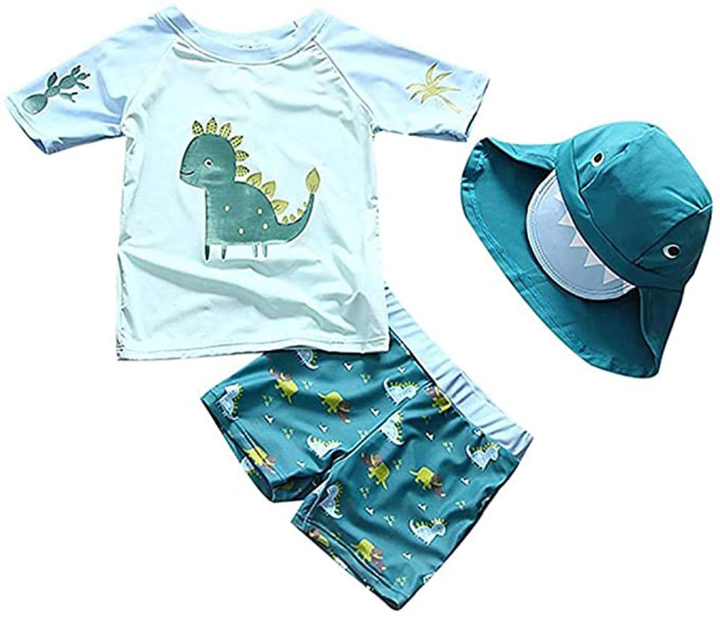 SWMSTUPF Baby Boys Swimsuit Toddler Two Pieces Swimwear Set Dinosaur Bathing Suit Rash Guards with Hat UPF 50+(Dinosaur,18-24Months)