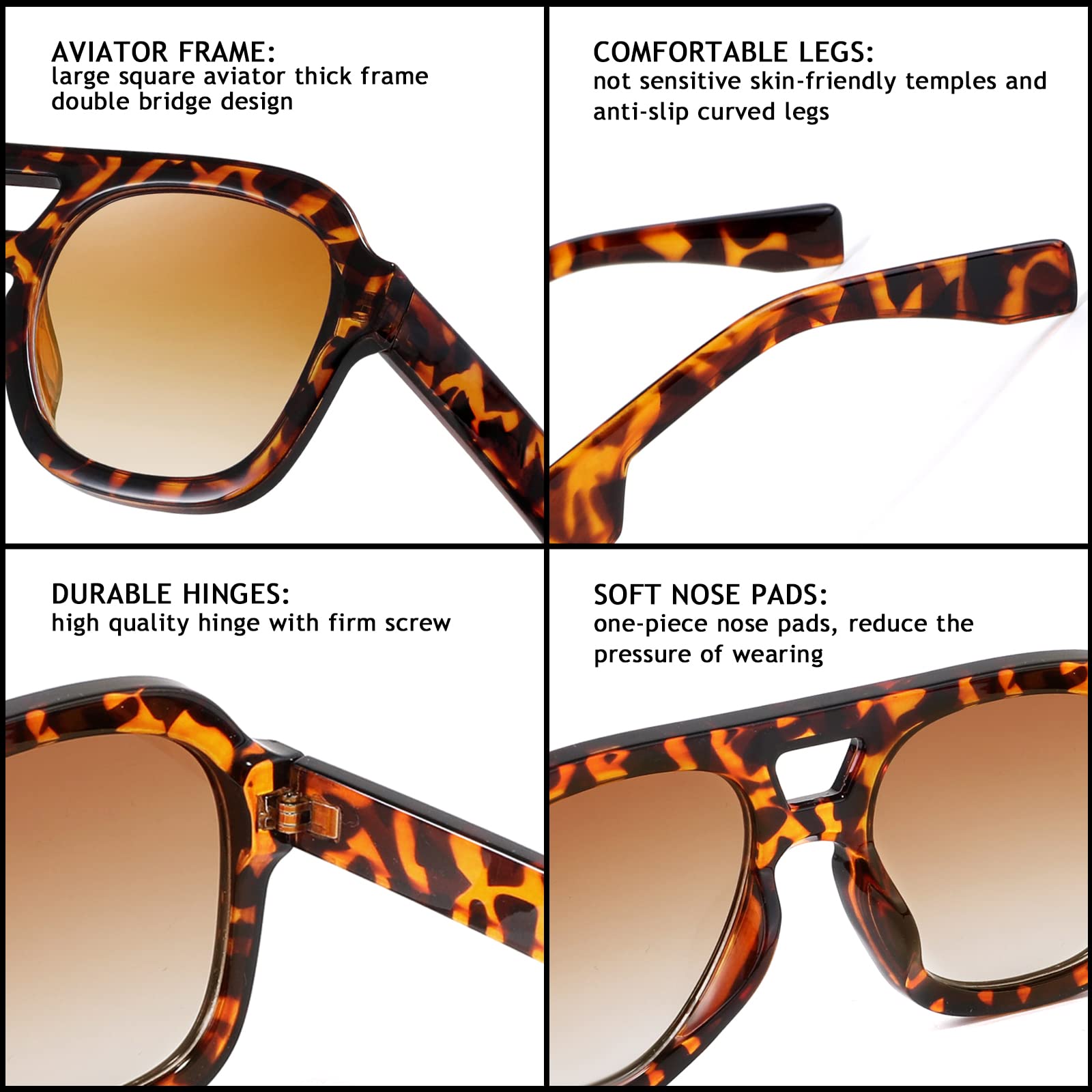 FEISEDY Vintage Pilot Sunglasses Double Bridge Women Men Large Square Thick Frame Trendy Eyewear UV400 B2846