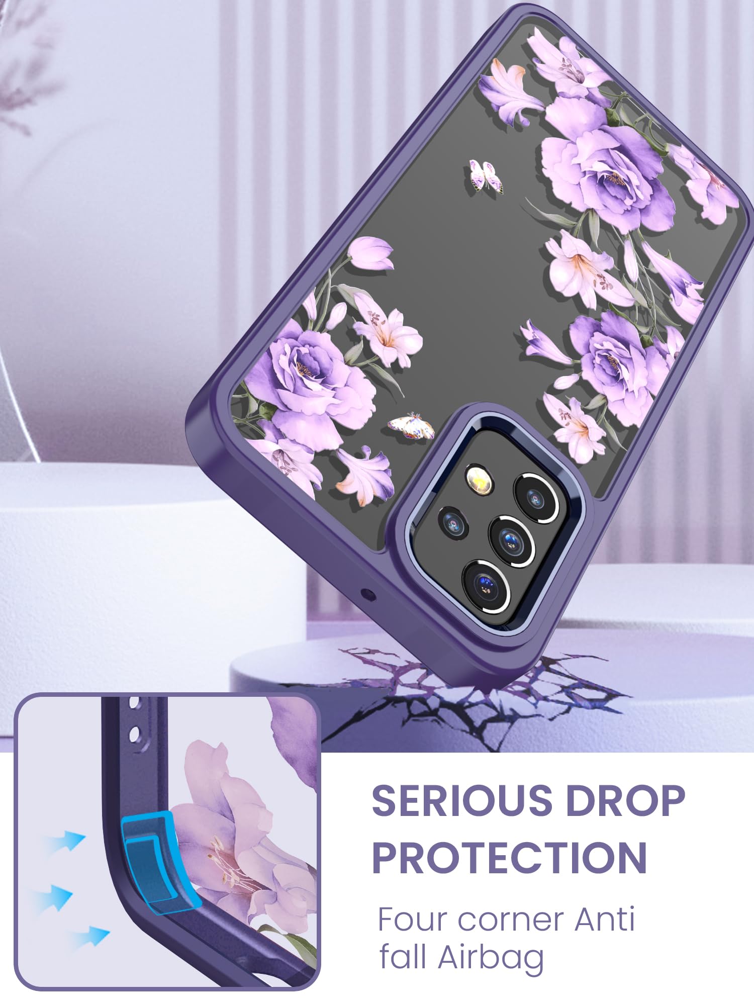 Dretal for Samsung A23 4G/ 5G Case, Galaxy A23 Case Tempered Glass Screen Protector,Military Grade Drop Tested Hard Back & Soft Edge Slim Flower Women Girls Phone Protective Cover(Deep Purple)