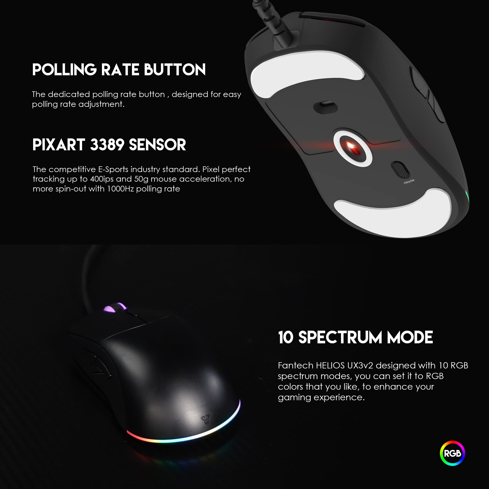 FANTECH Helios UX3V2 Symmetrical RGB Gaming Mouse, PixArt 3389 16,000 DPI Kailh Switches 6 Programmable Buttons Professional Grade Small Size Mouse, Light Weight Mouse, Matte Black