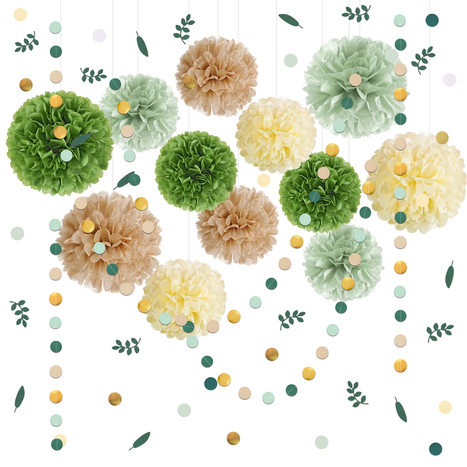 PAPER JAZZ Sage Green Party Decorations Sage Green Tissue Paper Pom Poms Circle Dots Garland Leaf Confetti Hanging Backdrop for Girl Women Birthday Baby Shower Bridal Shower Wedding Party Supplies