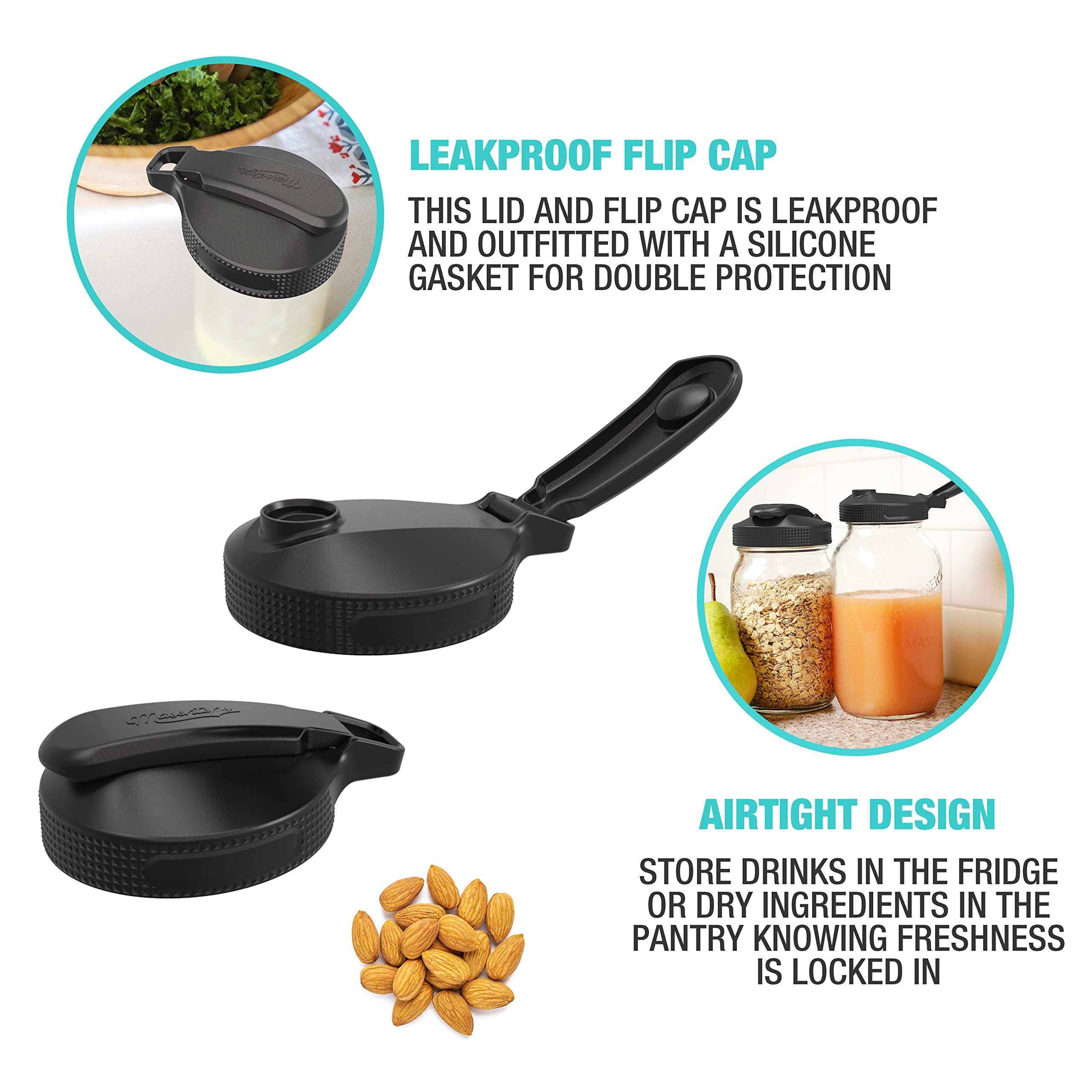 Masontops Multi Top Flip Cap Mason Jar Lid - Regular Mouth Mason Jar Pour Lids Small Mouth Mason Jar Lids Pour Spout and Flip Cap β Sip, Pour, Store & More - Leakproof Mason Jar Pour Spout Lid 2-Pack