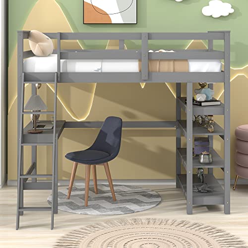 LostCat Twin Size Loft Bed with Desk and Shelf, Heavy Duty Metal Bed Frame w/Full Length Guardrails and Ladder, No Box Spring Needed, Space Saving Design for Kids, Teens, Adults, Black