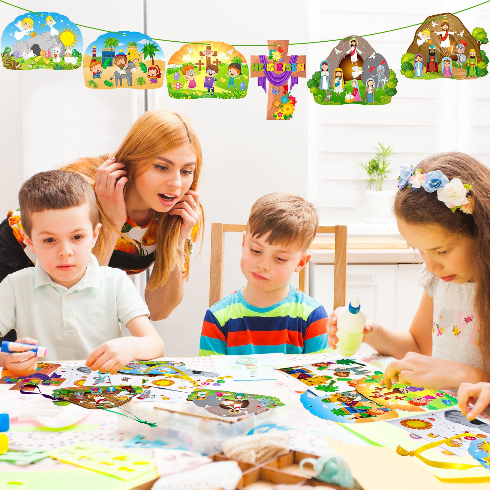 Funrous Easter Scene Hanging Ornaments Craft Kit for Kids, 48 Pack Religious Cardboard DIY Ornaments, 6 Styles, Interactive Teaching Tool, Church Party Decorations