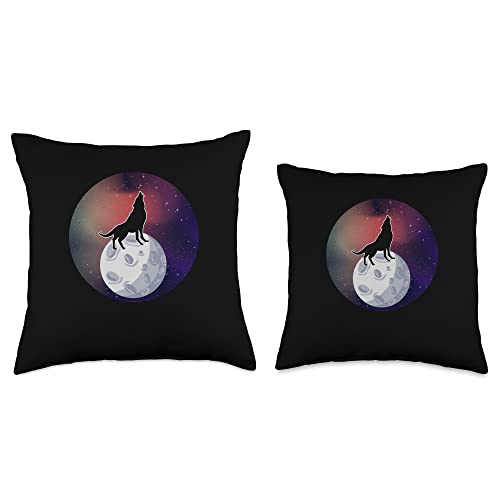 Cosmic Wolf Howling Moon Space Wolves Watercolor Cosmic Wolf Howling Moon Space Arctic Wolves Watercolor Throw Pillow, 16x16, Multicolor