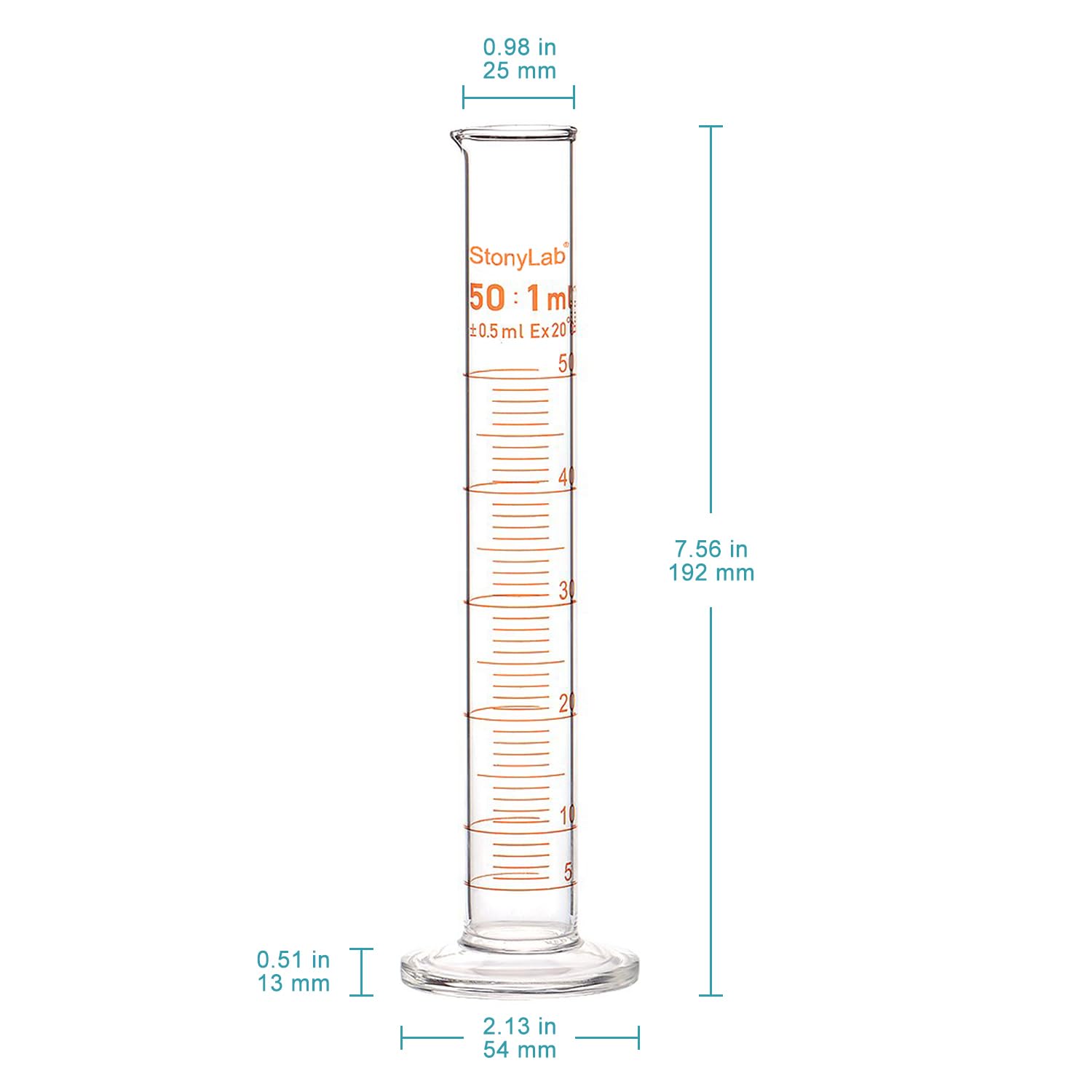 StonyLab 4-Pack Borosilicate Glass 50ml Heavy Wall Graduated Cylinder Measuring Cylinder, 50ml
