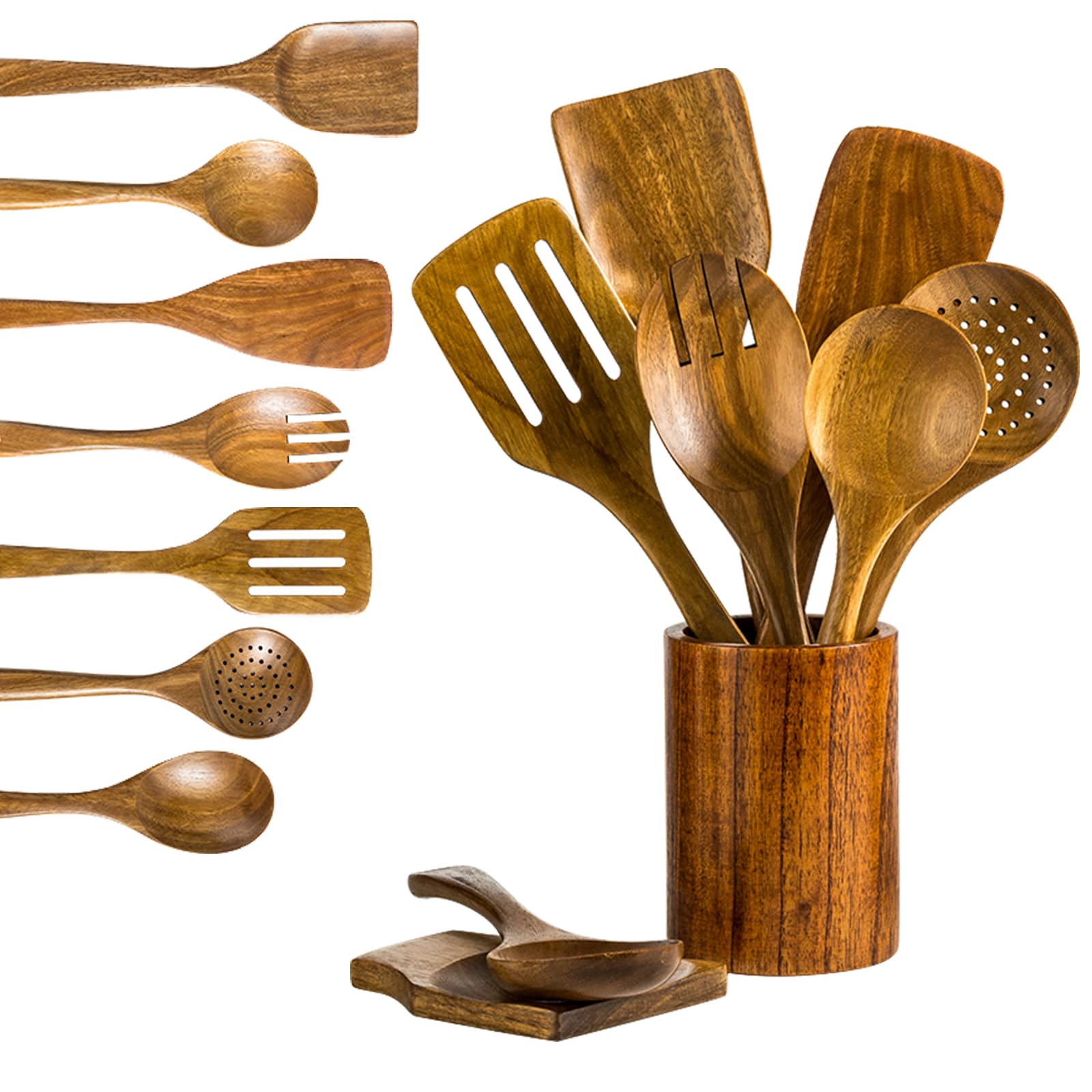 Deluxe Wooden Cooking Utensils Set of 9 - Complete Kitchen Utensils for Cooking with Storage Box & Spoon Holder - Durable and Nonstick Natural Wood Cookware-Wood Cooking Tools (Silver)