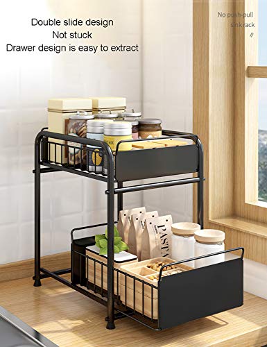 LEAYAN Multifunctional Under Sink Storage Metal Storage Drawer,Telescopic Sliding Drawer,Sliding Rack with Spice Dividers,Shower,Pantry,Kitchen,Bathroom,Under Sink Rack Shelf, White Short Large