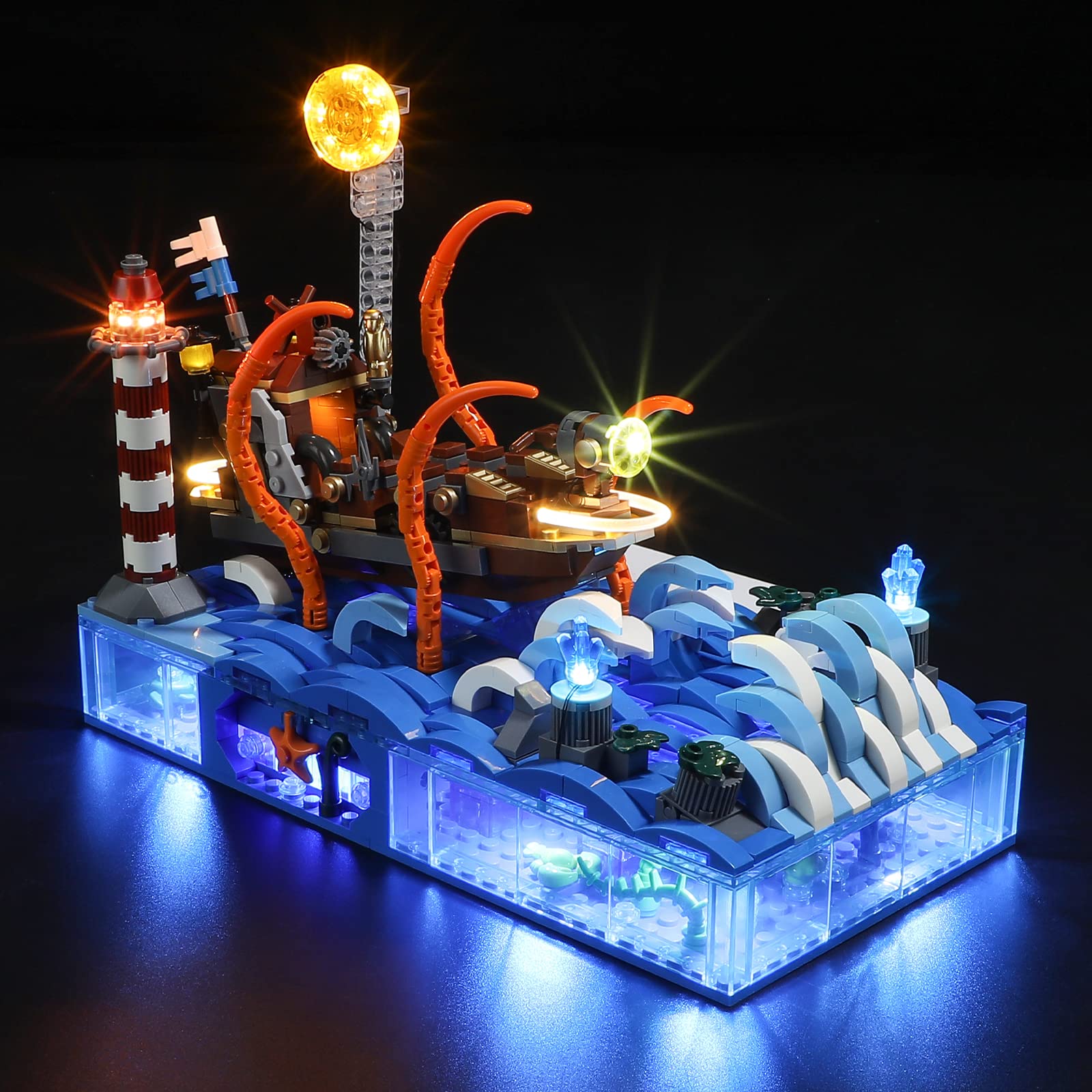 FUNWHOLE Lighting Building Bricks Set - Wood Cabin and Ocean Adventure Ship Construction Model Set for Adults and Teen