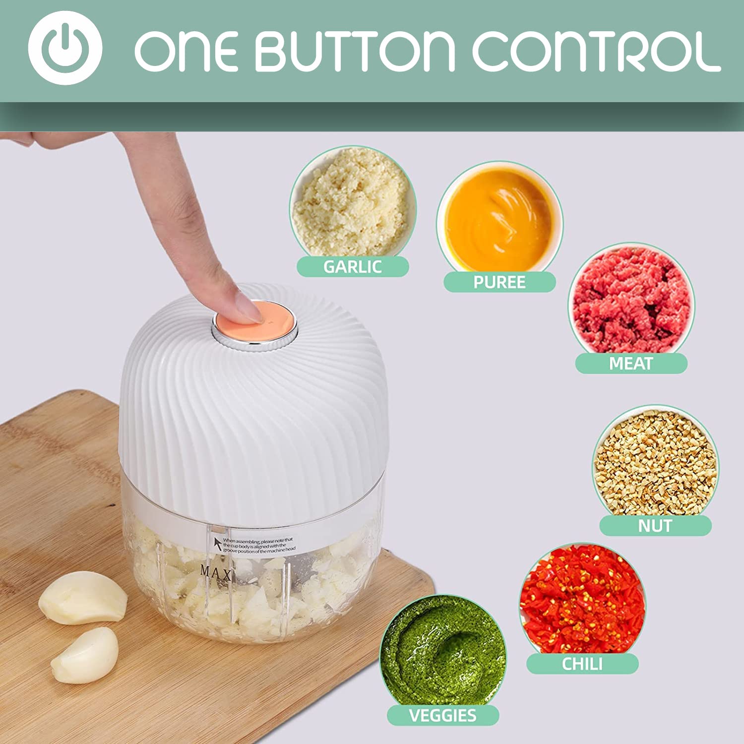 DE'VELO 350ml Electric Garlic Chopper, Portable Cordless Mini Food Processor, Rechargeable Kitchen Vegetable Chopper Blender for Nuts Chili Onion Minced Meat and Spices BPA-Free(White)