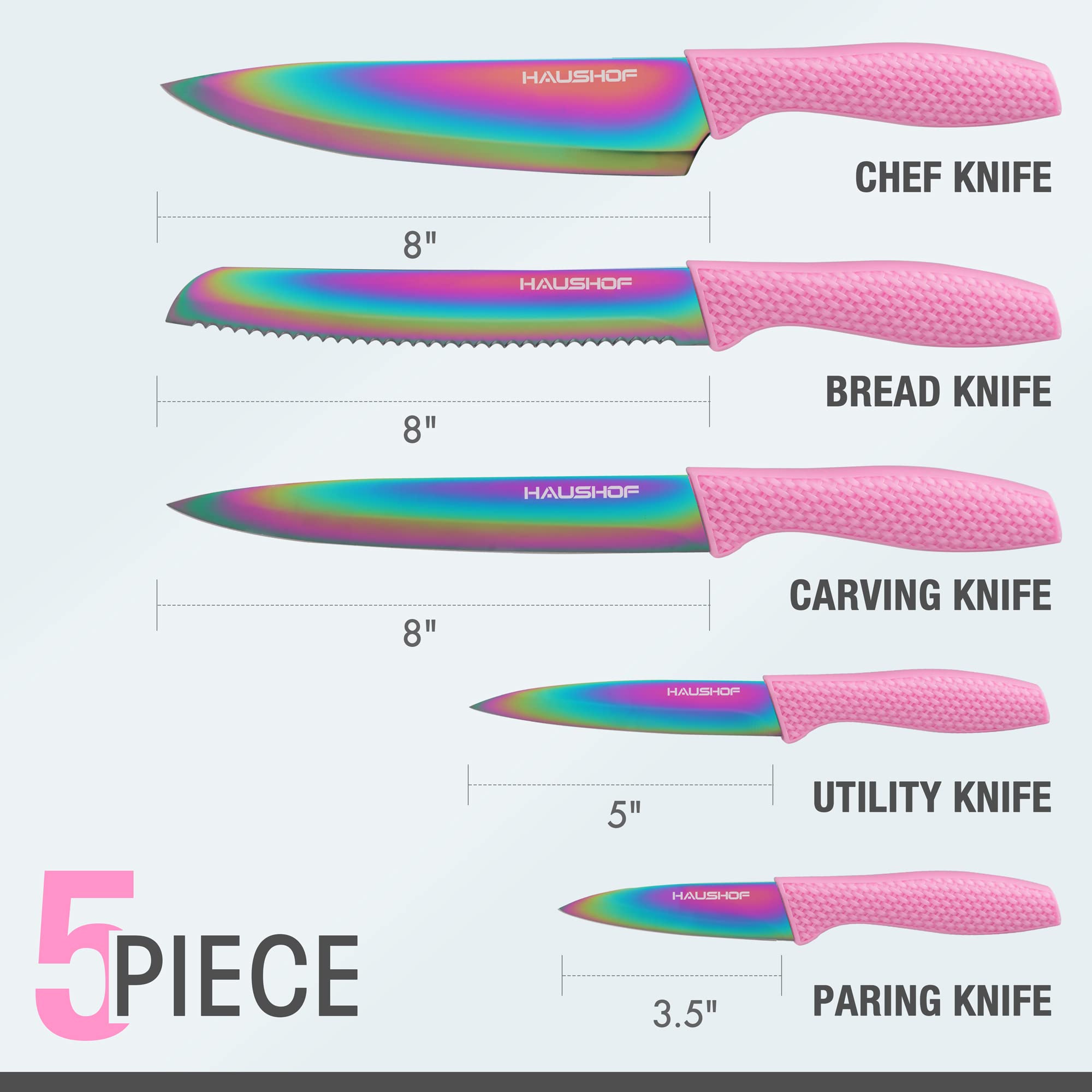 HAUSHOF Kitchen Knife Set and FLISSA Folding Pocket Knife, Titanium Coated Starter Knives Set for Kitchen with Ergonomic Handle, Tactical Knife with Liner Lock