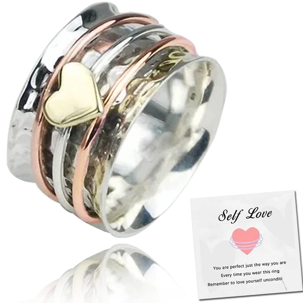 FAOYUDAWEI Self Love Spinner Heart Ring, Antique Silver Stacking Rotating Self-Love Rings Inspiration For Women Jewelry
