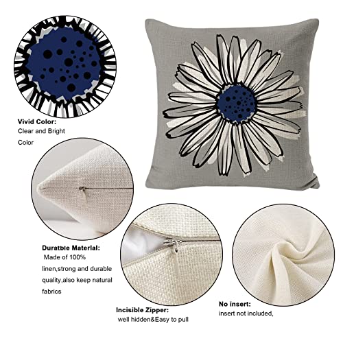 Set of 4 Decorative Throw Pillow Covers 18x18 Blue and Grey Modern Daisy Floral Pillow Covers for Living Room Farmhouse,Modern Simple Boho Cushion Bed Outdoor Home Decor