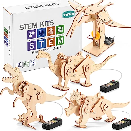 STEM Projects Kits for Kids Age 8-10-12, 4 in 1 3D Wooden Puzzles Dinosaur Craft for 6-8, Building Toys for Boys Ages 8-12, Wood Woodworking Model Kits, DIY Dino Robot Kit