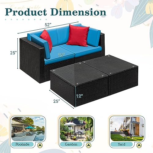 Devoko 4 Piece Patio Furniture Set PE Wicker Sectional Sofa Set Rattan Outdoor Conversation Set with Padded Cushions for Balcony, Backyard, Garden(4 Piece, Blue)