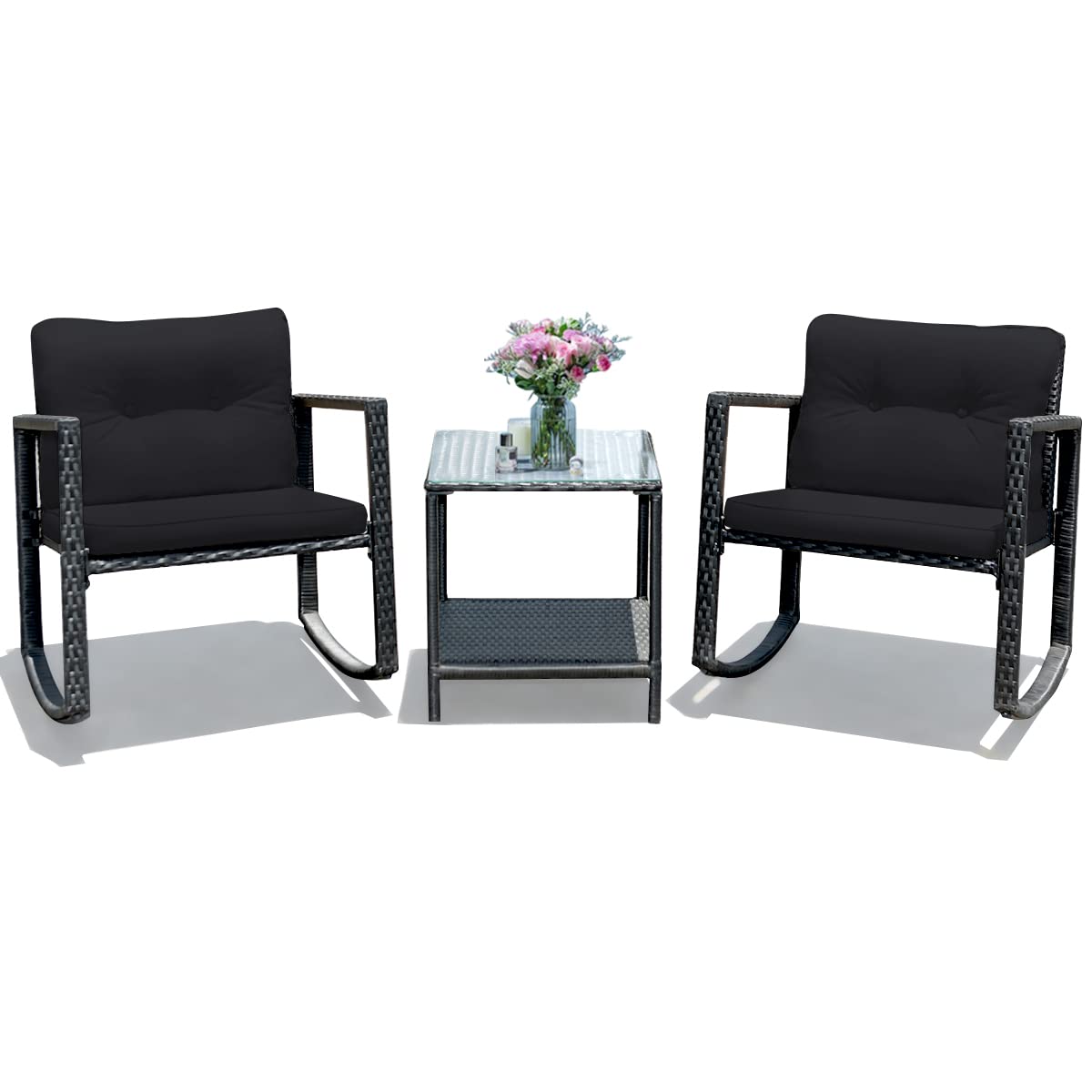 Tangkula 3 Pieces Patio Wicker Rocking Bistro Set, Outdoor Rocking Chair Furniture Set w/Cushioned Seat, Conversation Set w/Glass Coffee Table and Storage Shelf (Black)