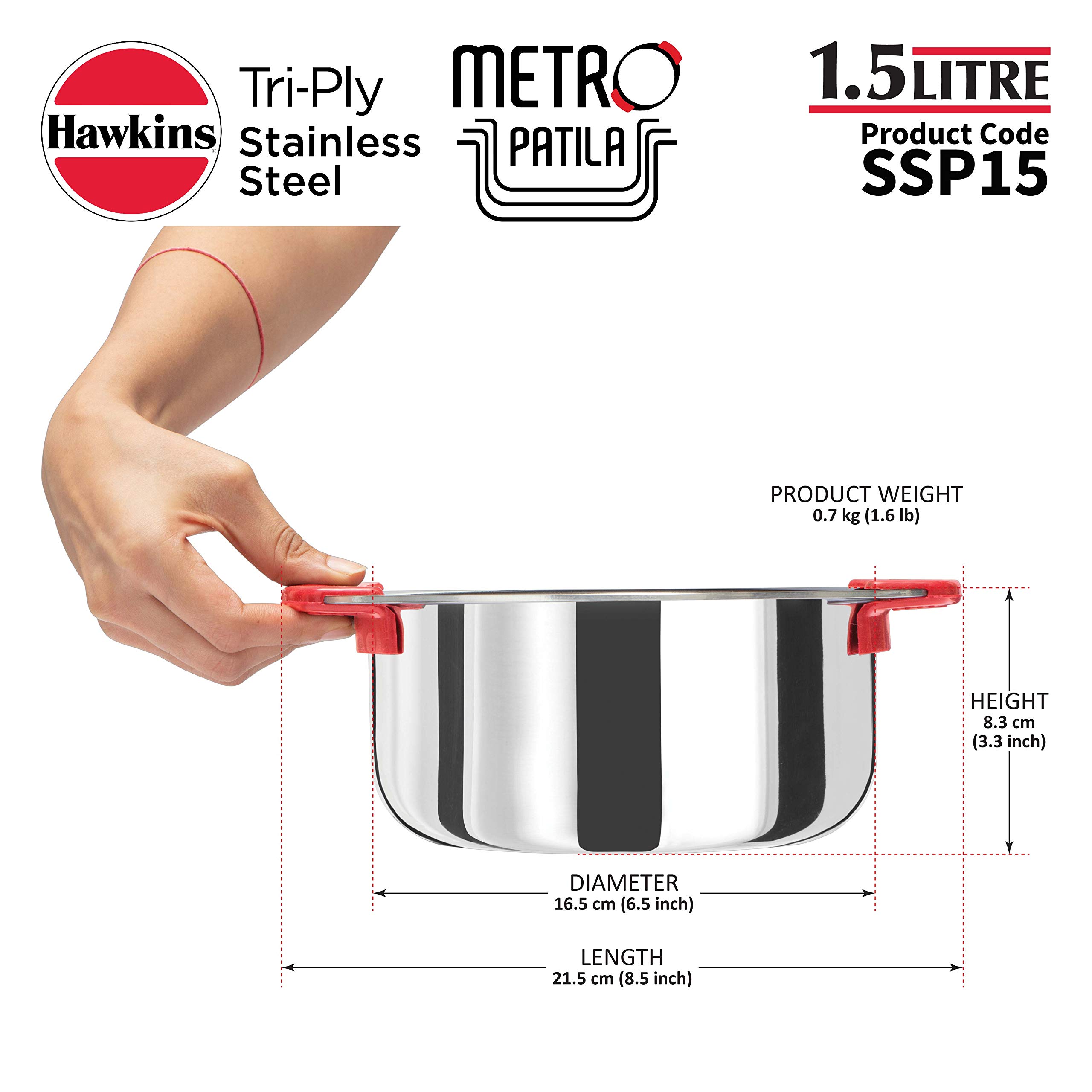 Hawkins 1.5 Litre Metro Patila, Triply Stainless Steel Tope, Induction Bhagona, Tapeli, Silver (SSP15)