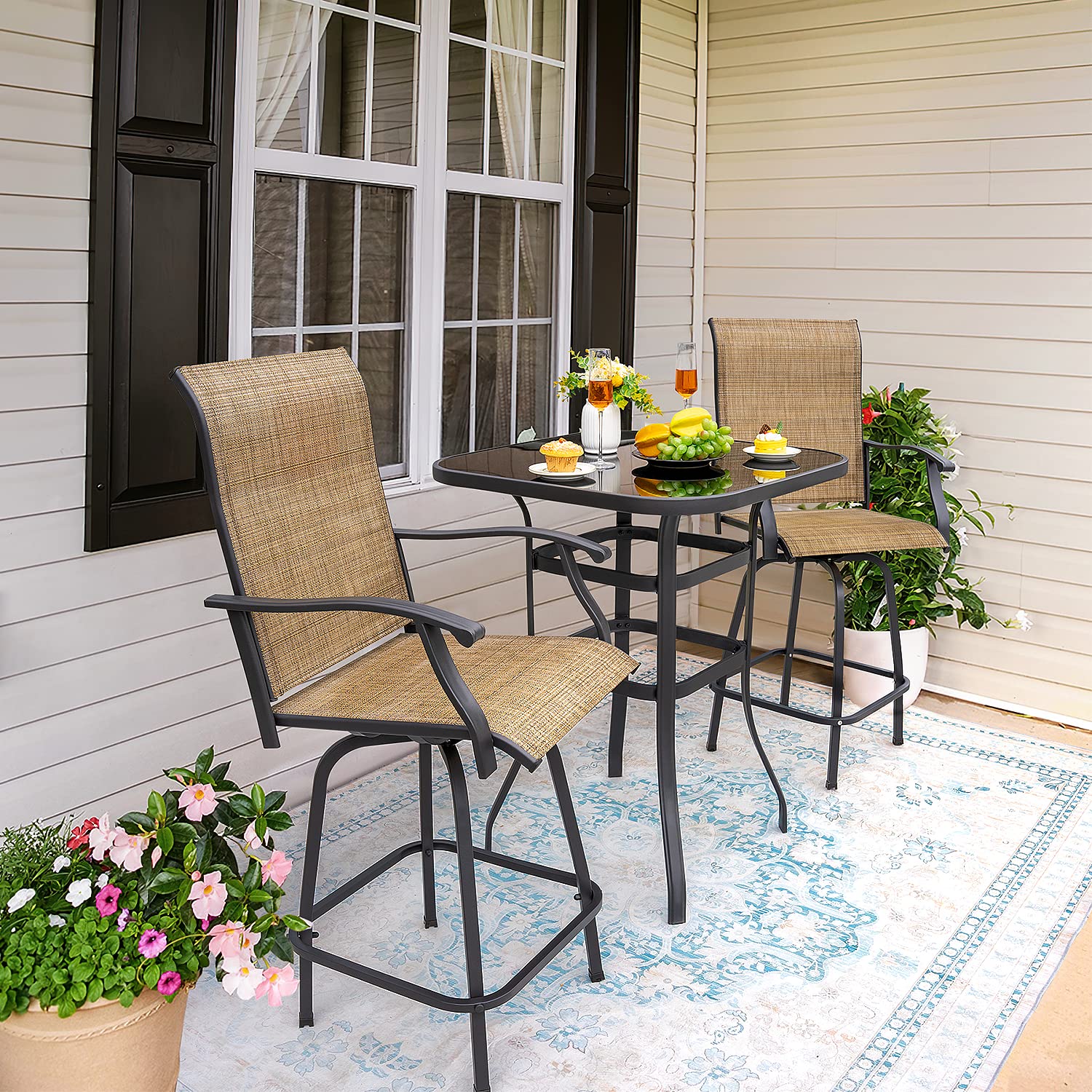 Devoko Patio Swivel Bar Set 3 Pieces Patio High Top Bar Table and Stools Chairs Set Textilene Sling Fabric Outdoor Bar Stools Set of 2 for Garden, Balcony