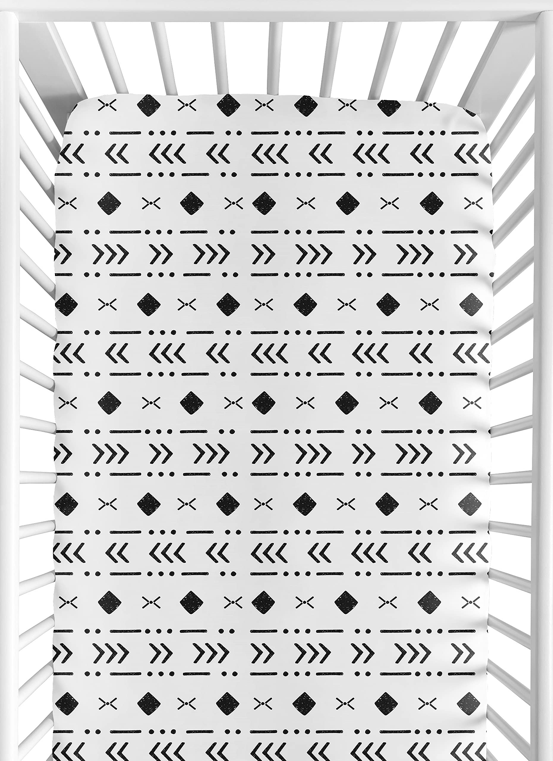 Sweet Jojo Designs White Black Boho Tribal Mudcloth Boy Girl Fitted Crib Sheet Baby or Toddler Bed Nursery - Black and White Woodland Bohemian Southwest Geometric Arrow Gender Neutral Aztec Mud Cloth