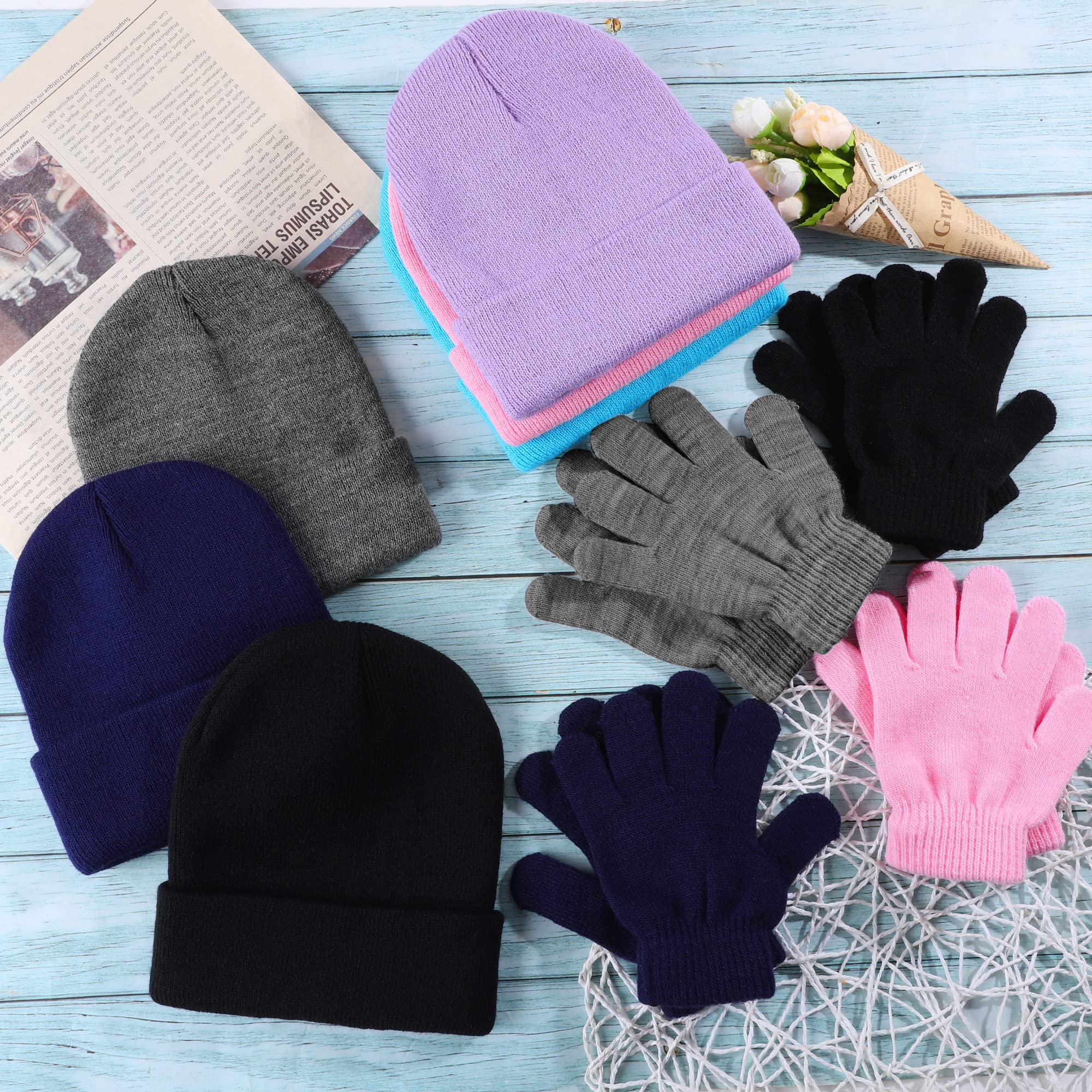 Cooraby 6 Pack Beanies Hats and 6 Pairs Stretchy Full Fingers Gloves for Boys Girls (Heather Grey, Light Purple, Light Pink, Multicolor)
