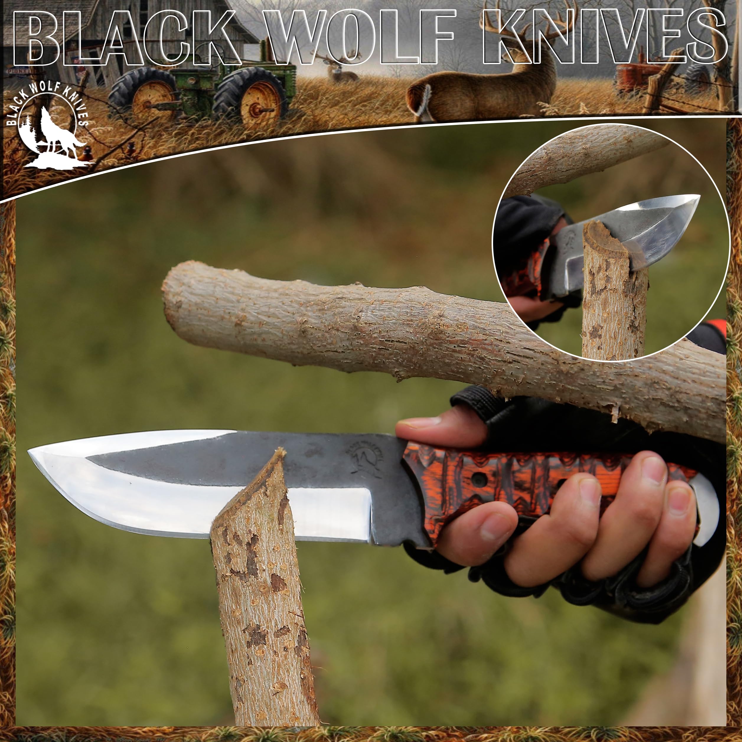 D2 Steel Hunting Knife Fixed blade knife Densified Wood handle, Black Edge,Bush craft, Camping, with Cowhide Leather Sheath – BW-4150