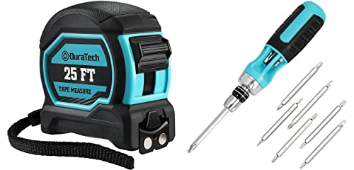 DURATECH Magnetic Tape Measure 25FT with Fractions 1/8, Retractable Measuring Tape, Ratcheting Screwdriver, 12-in-1 Multi-bit Screw Drivers
