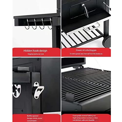 DADHI Trolley Smoker Durable Collapsible Charcoal BBQ Grill,Charcoal-Fueled BBQ Grill with Bottom Shelf Black