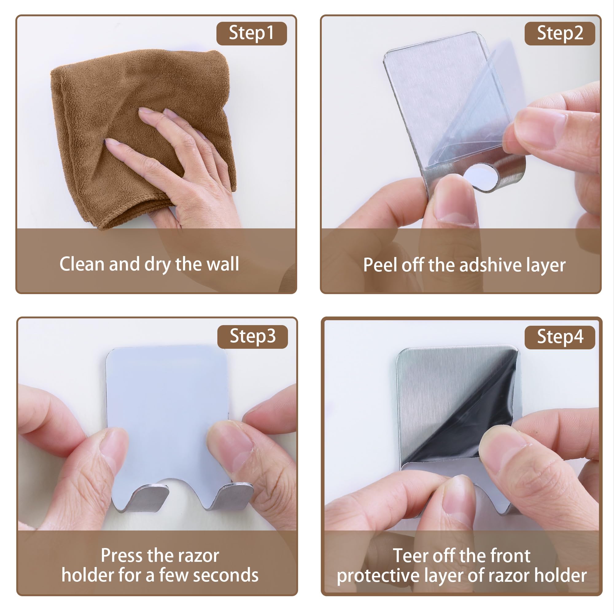 klasit Razor Holder for Shower,Silvery Stainless Steel Razor Holder, Waterproof Self-Adhesive Shaver Holder,Simple Installation,Hanger Hooks for Bathroom or Kitchen Organisation