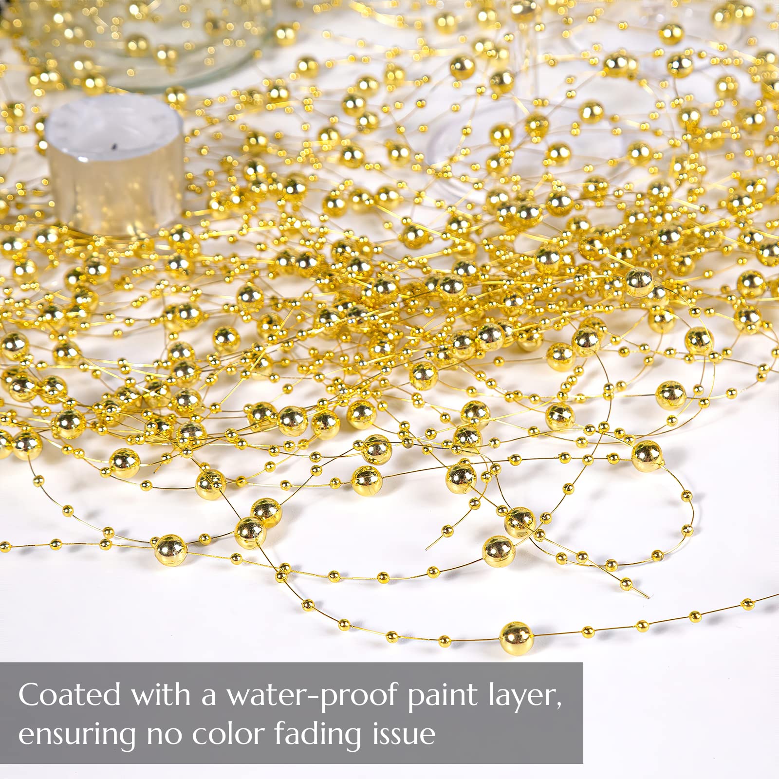 DomeStar 36 Pcs Artifical Gold Pearl String for Floating Candle,Floating Faux String Pearls Beads for Vases Filler Centerpiece Christmas Wedding DIY Crafts Party Decor