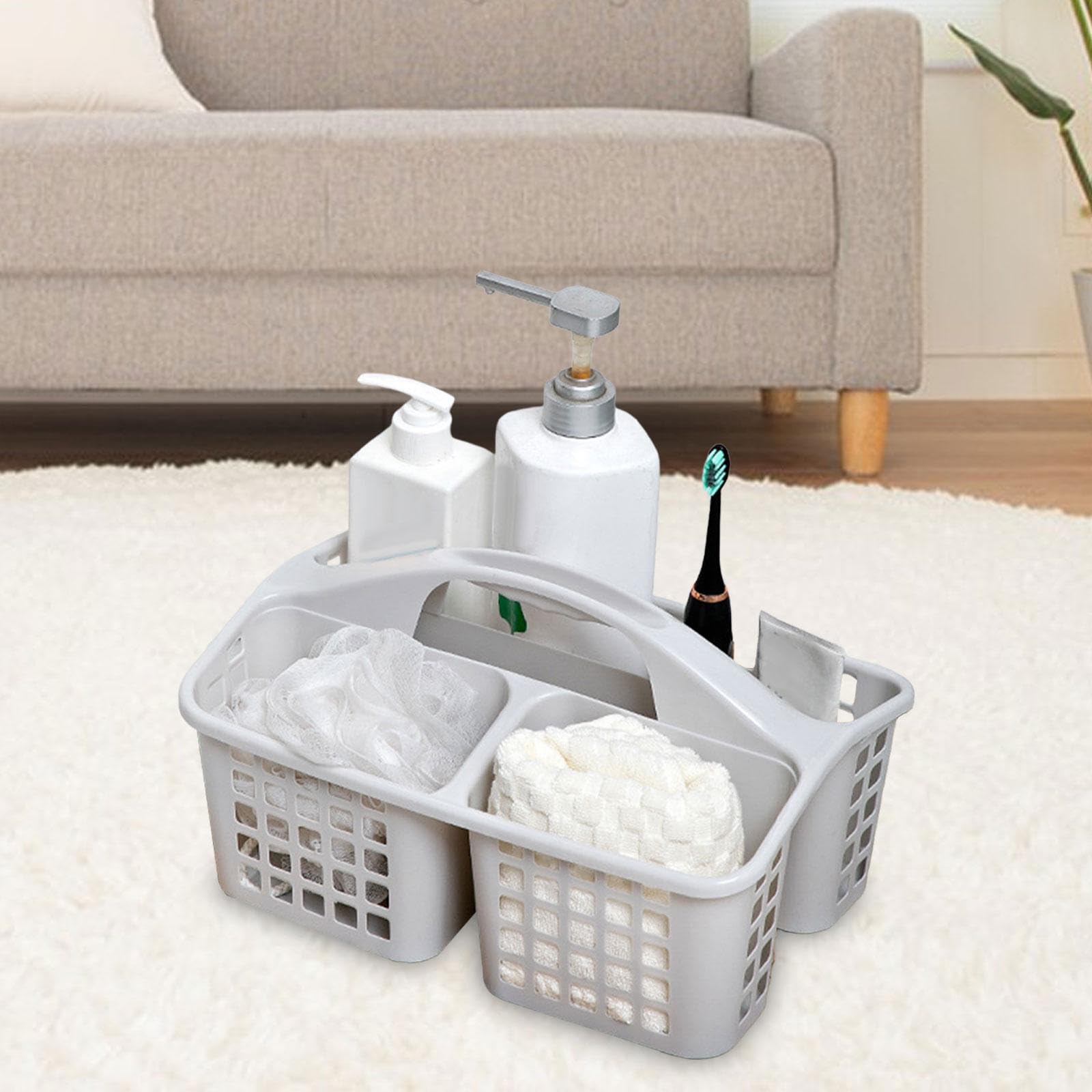 KLKCMS Bathroom Shower Caddy Basket with Handle 3 Divided Compartments Cleaning Tote Bins, White