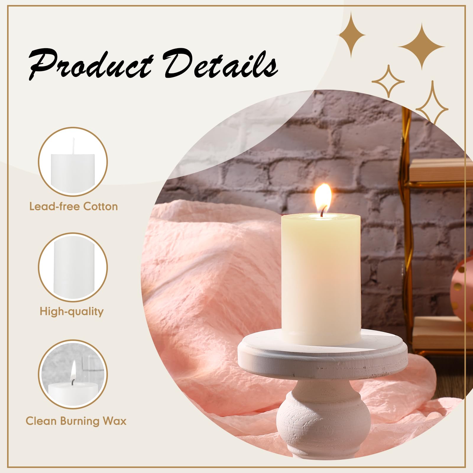 Nuogo 24 Pcs Ivory Pillar Candles Bulk Set of 3 Long Burning Wax Pillar Candles 2 in x 3, 6, 8 Inch Dripless Unscented Smokeless Candles for Wedding Party Spa Lantern Fireplace Home