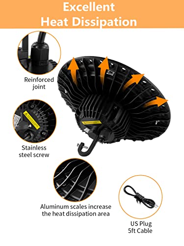 LED High Bay Light, 100W 12000LM UFO LED High Bay Lights with US Plug 5' Cable, 6500K Super Bright LED Shop Lights, IP65 Warehouse Light, Area Light Fixture Shop Light for Garage Warehouse Workshop